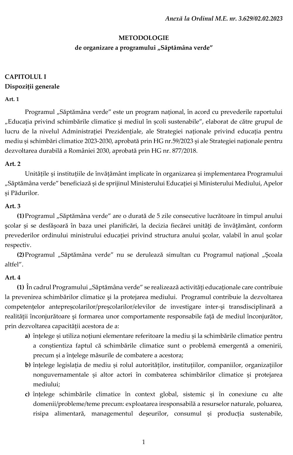METODOLOGIE de organizare a programului „Săptămâna verde” | Școala gimnazială ”Eugen Barbu”